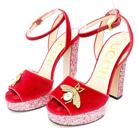 Gucci | Shoes | Gucci Gg Logo Red Pink Glitter Gold Bee Platform ...